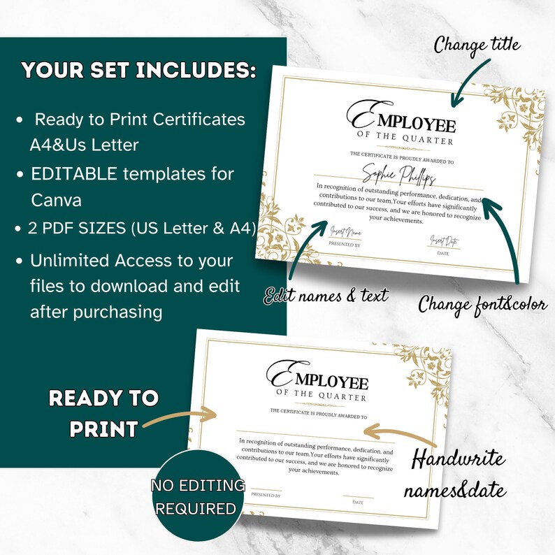 Editable Employee of the Quarter Award Years of Service Certificate of ...
