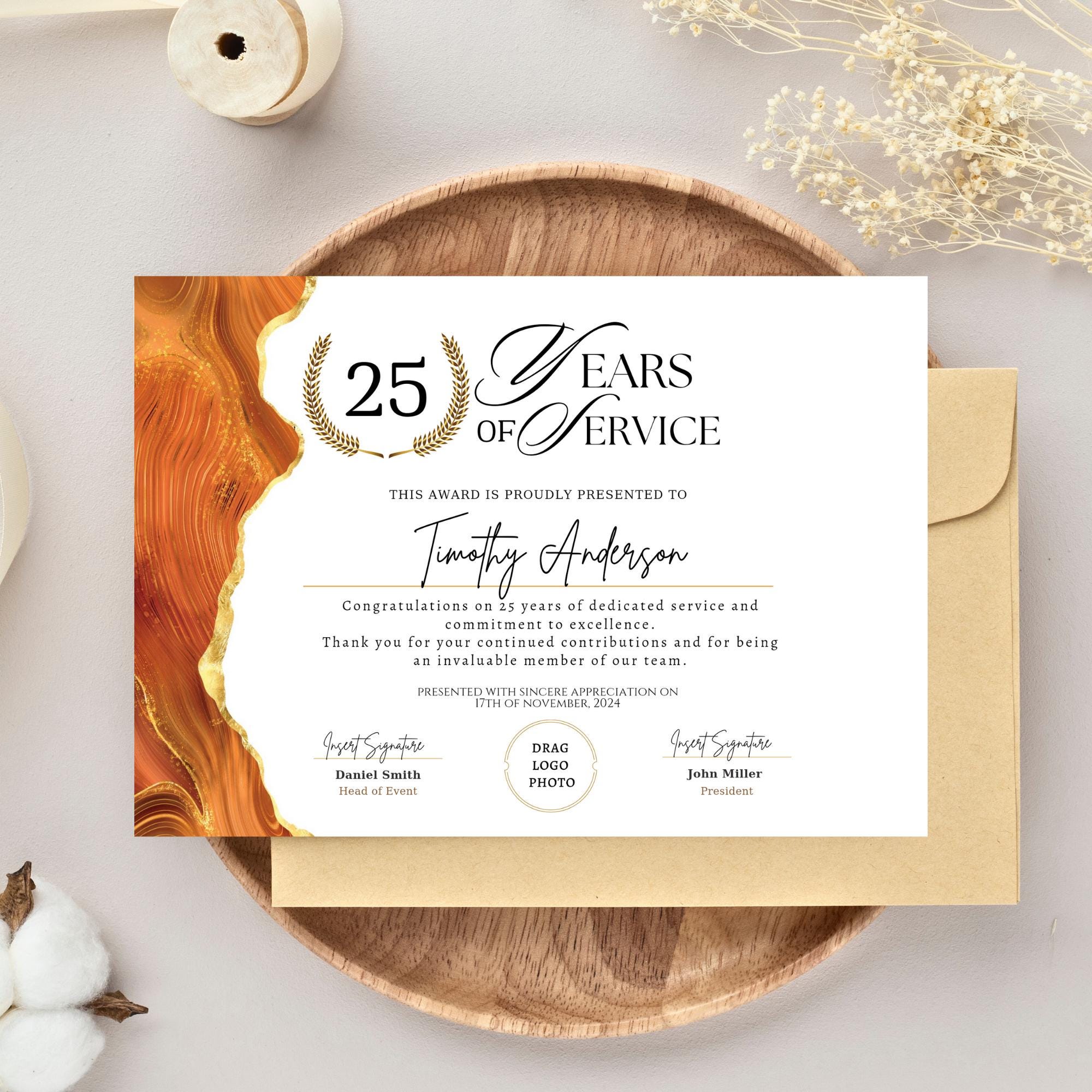 25 Years of Service Award Certificate for Employee Recognition Editable ...