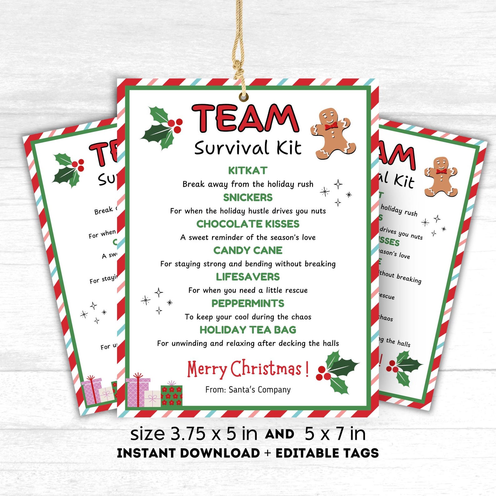 Editable Christmas Team Appreciation Survival Kit Work Employee ...
