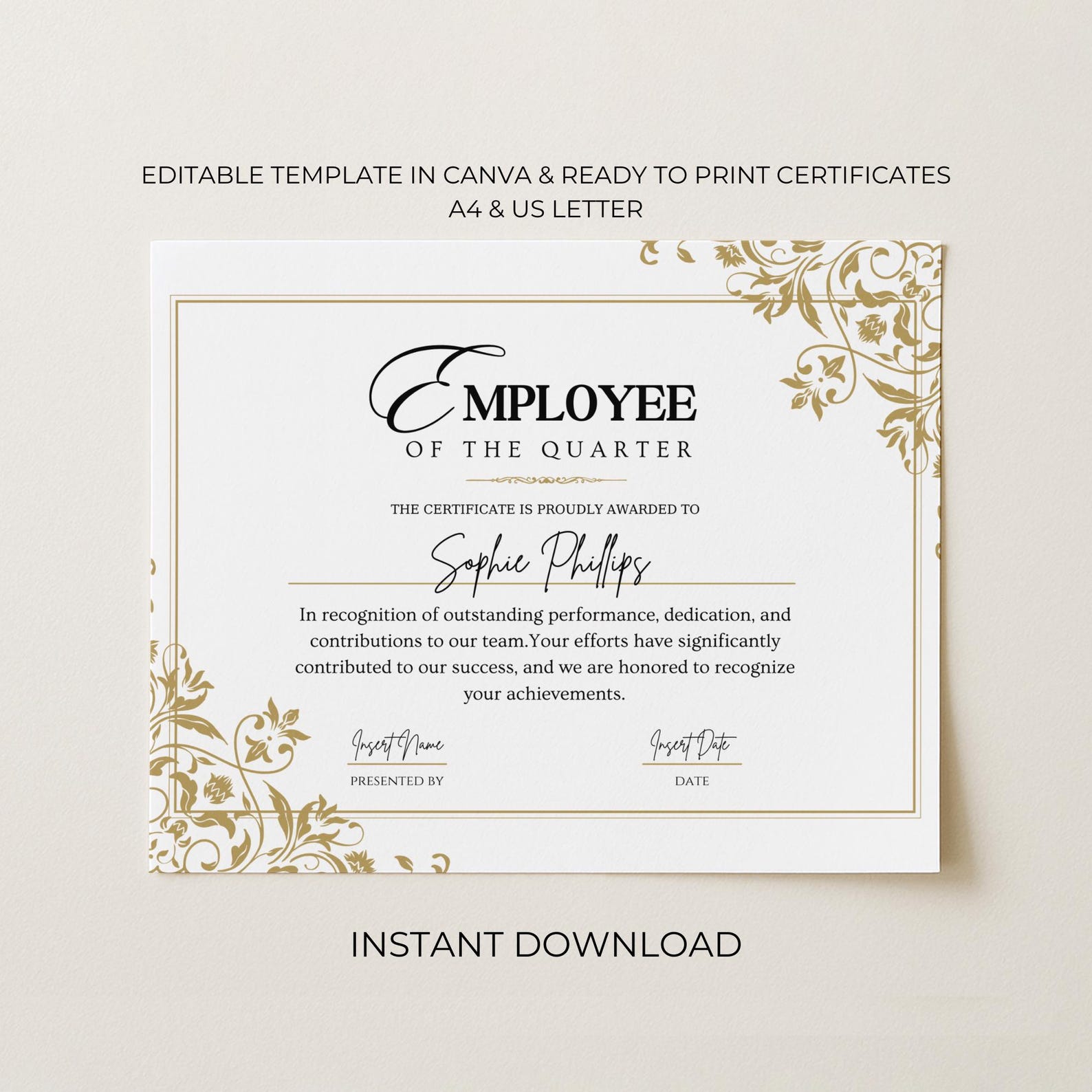 Editable Employee of the Quarter Award Years of Service Certificate of ...