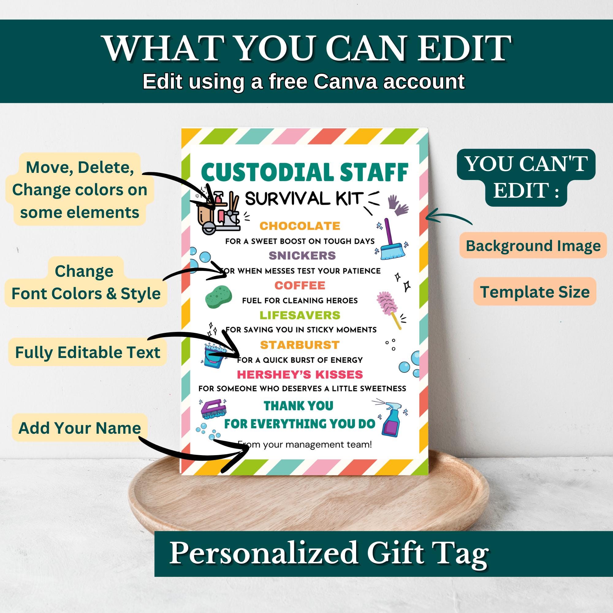 Editable Custodian Staff Survival Kit Tag School Custodian Day ...