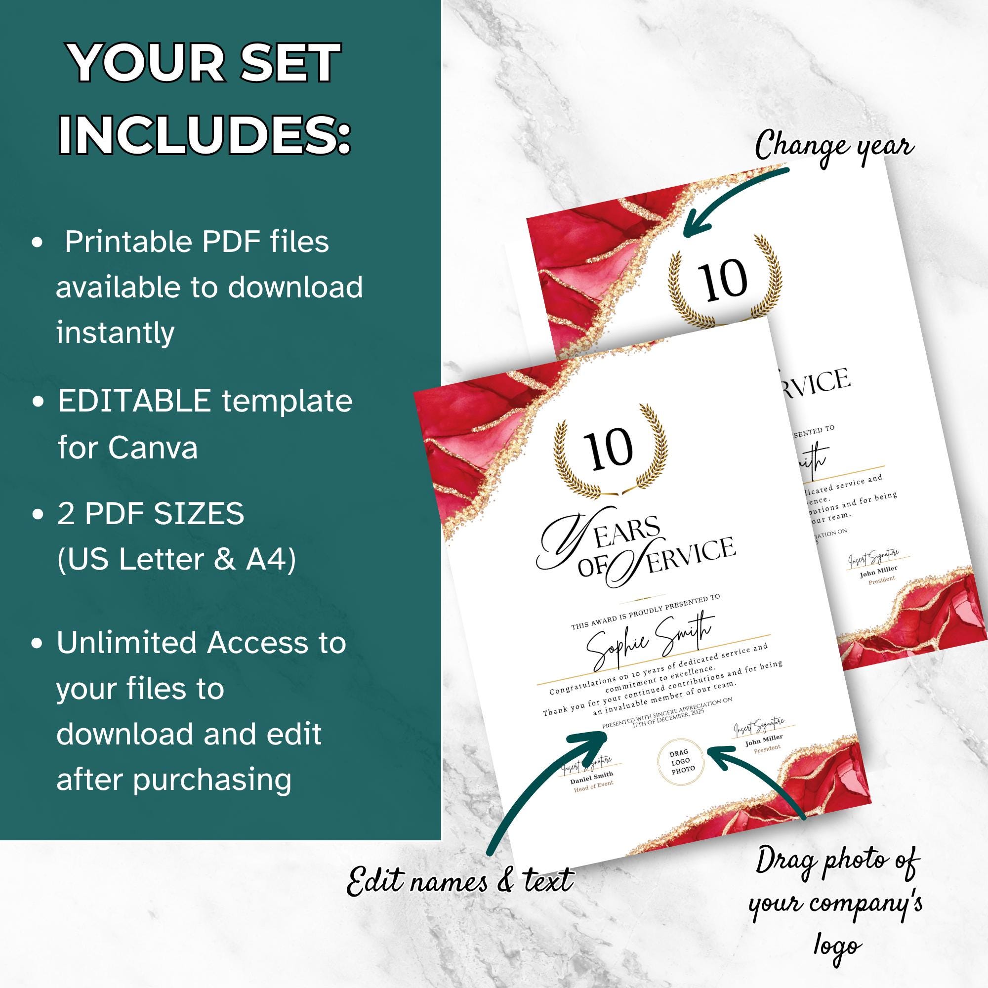 Years of Service Award Certificate Template Editable Printable Work ...