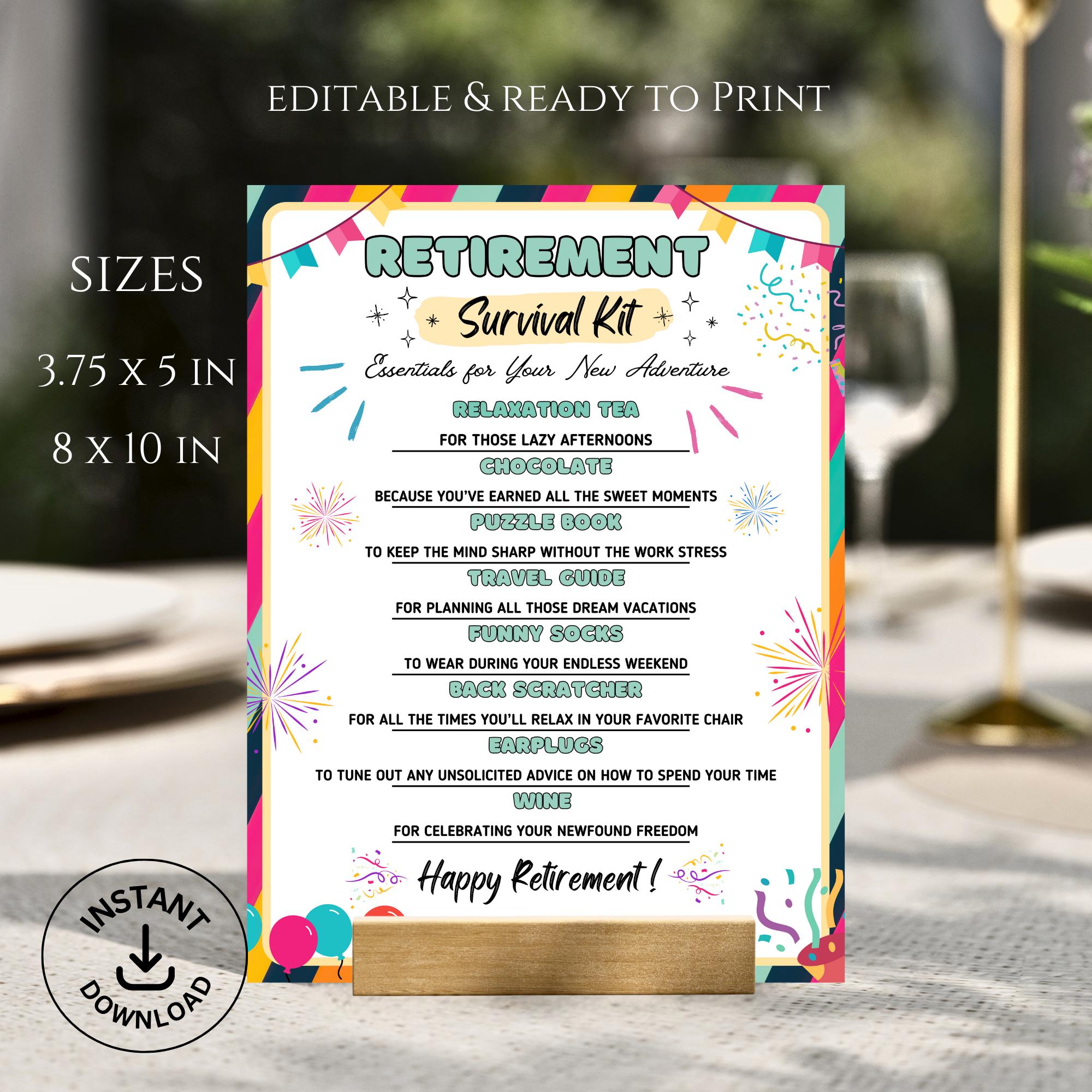 Editable Retirement Survival Kit Printable Gift Tag Treat Bag Staff ...