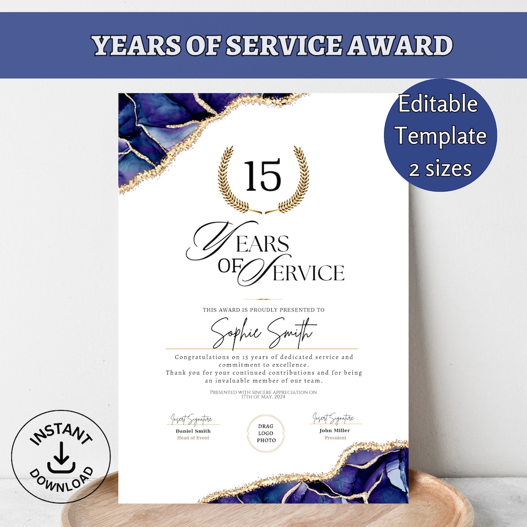 15 Years of Service Work Anniversary Gift Employee Recognition Staff Awards Certificate of ...