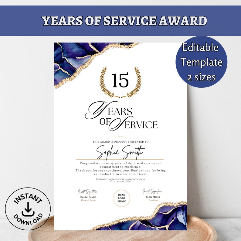 15 Year Service Award Certificate: Employee Recognition (digital ...