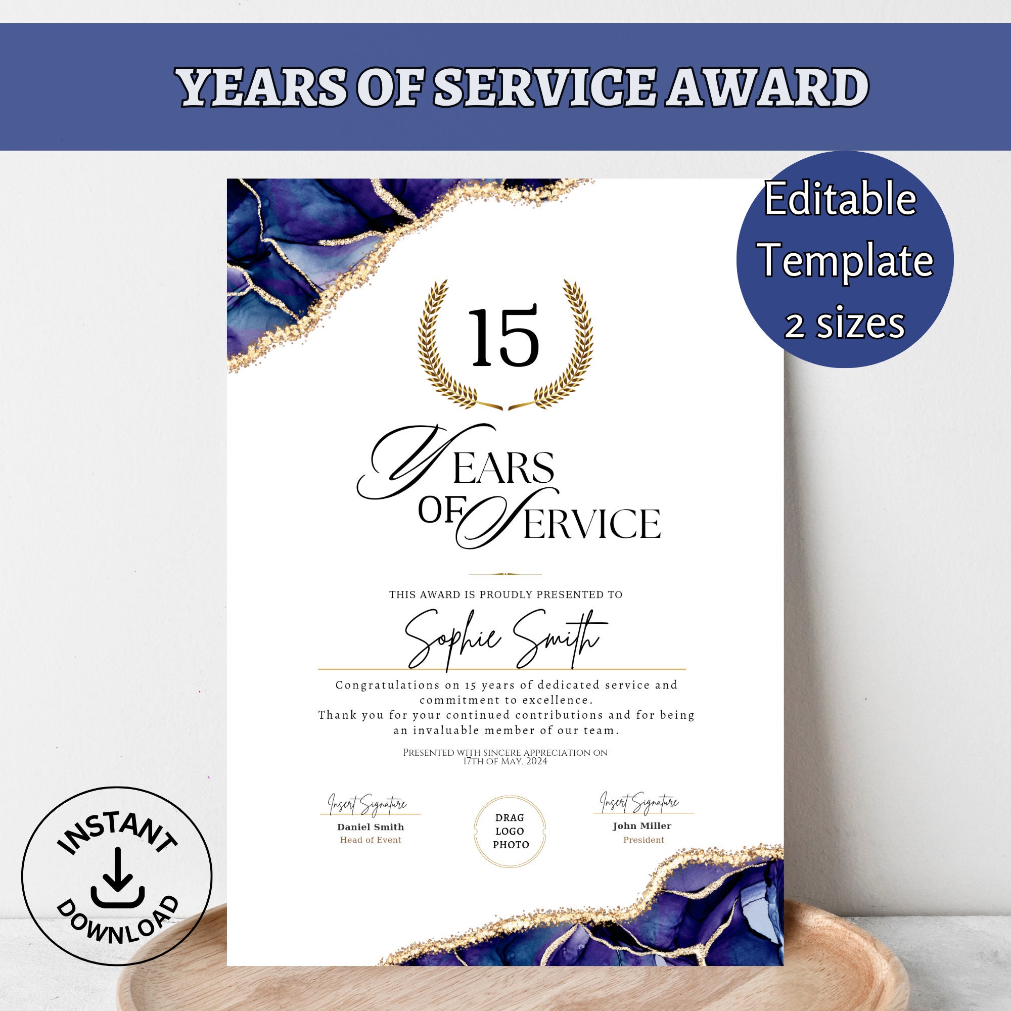 15 Year Service Award Certificate: Employee Recognition (digital ...