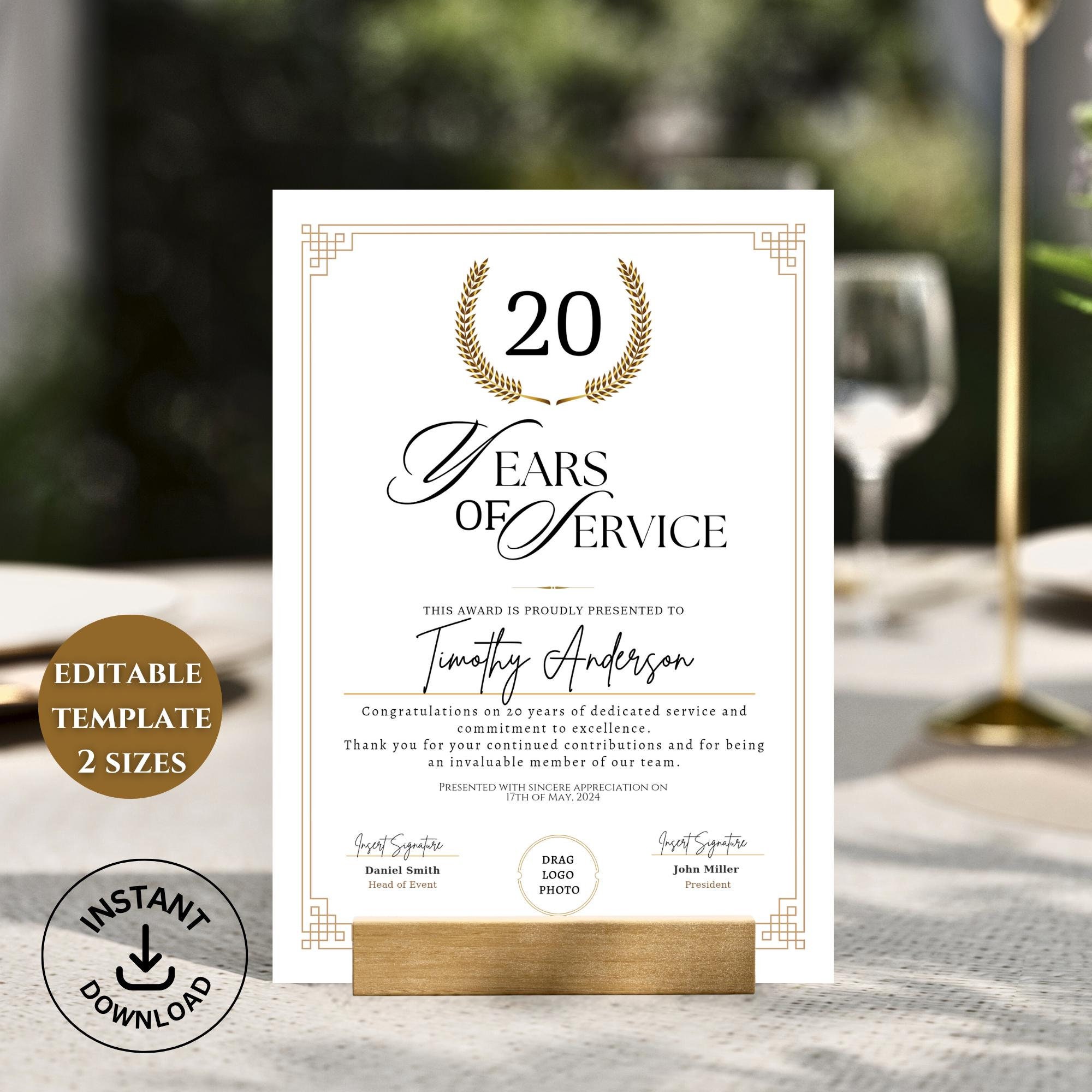 Years of Service Award Certificate Template Retirement Corporate Work ...