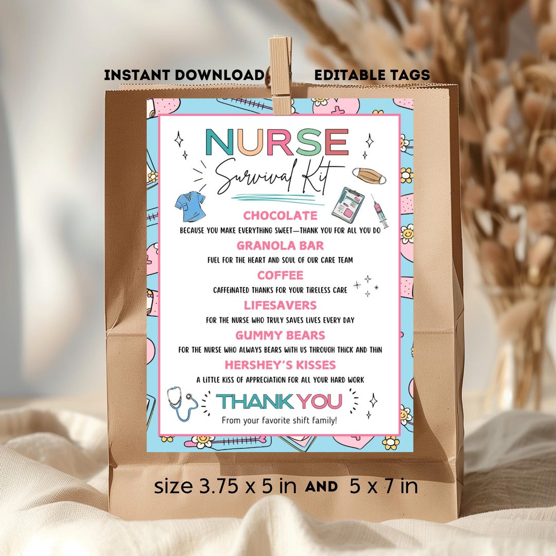 Editable Nurse Survival Kit Tag Happy Nurses Week Candy Gift Tag Nurse ...