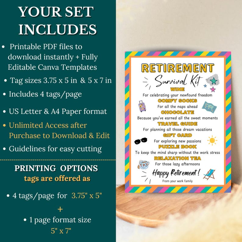 Editable Retirement Survival Kit Printable Gift Tag Treat Bag Staff ...