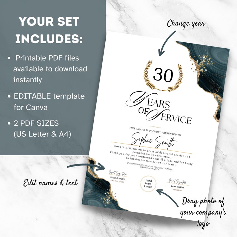 30 Years of Service Certificate Award Template Editable Diploma ...