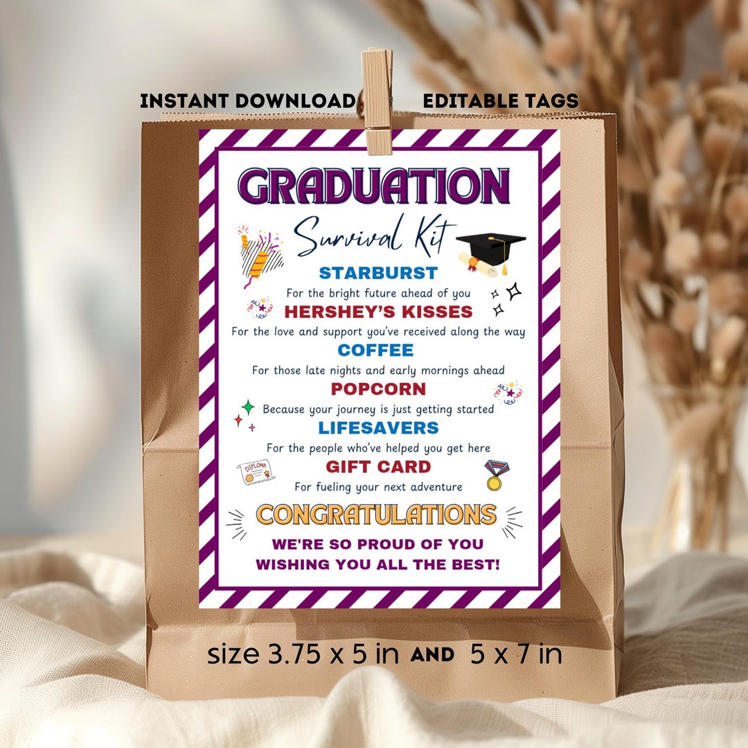 Graduation Survival Kit Printable Tag Graduation Gift Box Card College ...