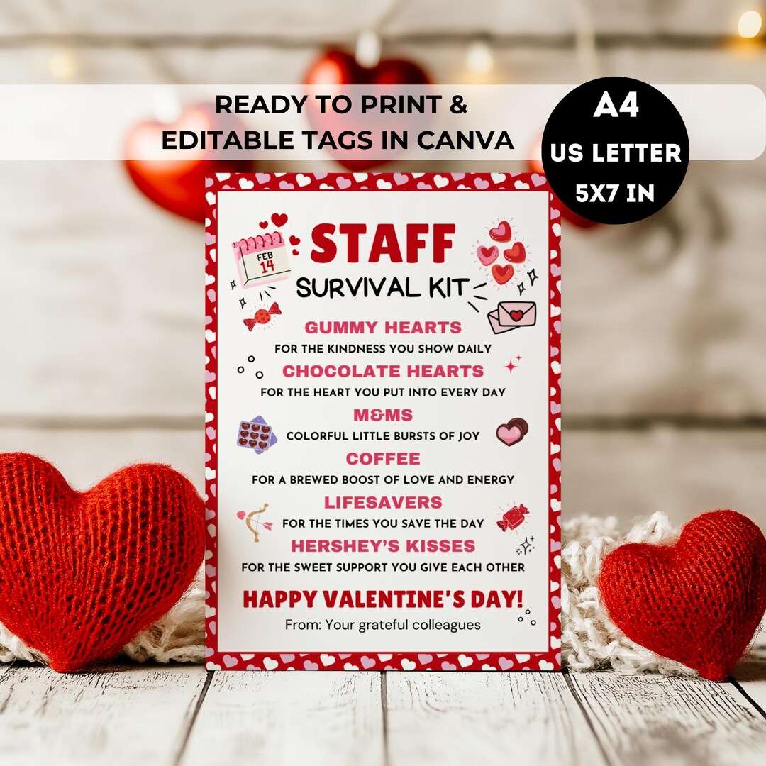 Editable Valentine Staff Survival Kit Tag Printable Funny Workplace ...