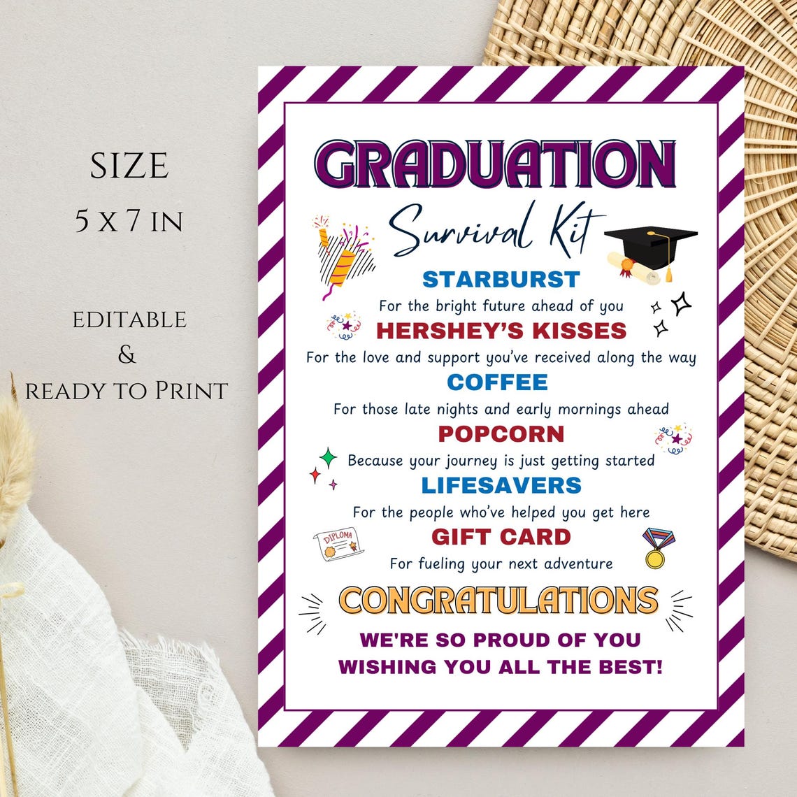 Graduation Survival Kit Printable Tag Graduation Gift Box Card College ...