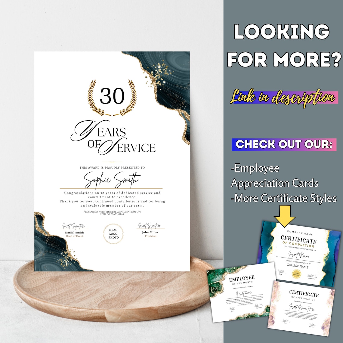 30 Years of Service Certificate Award Template Editable Diploma Employee Awards Work Anniversary ...