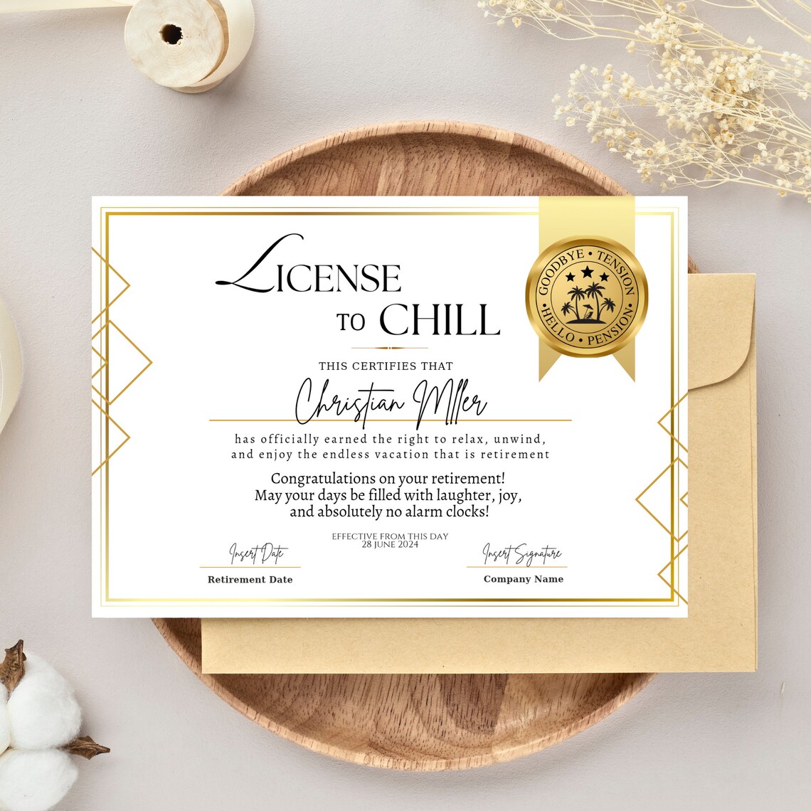 License to Chill Funny Retirement Certificate Editable Award Teacher ...