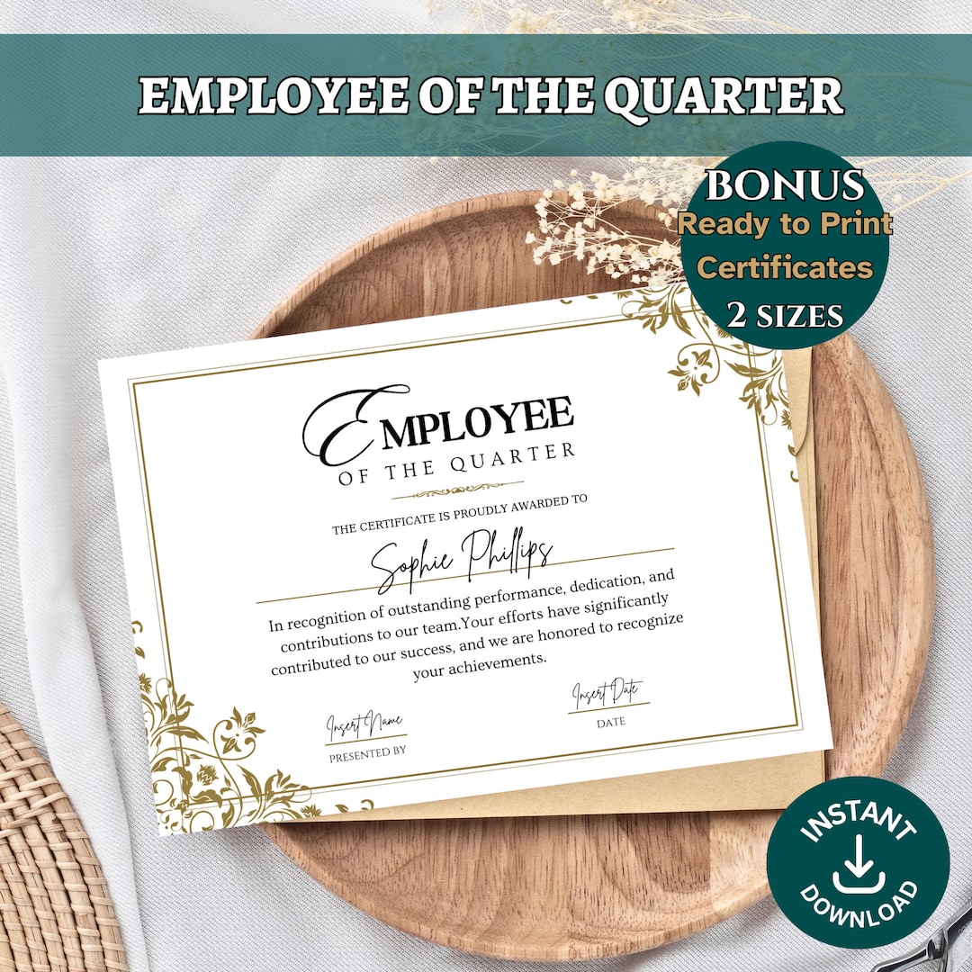 Editable Employee of the Quarter Award Years of Service Certificate of ...