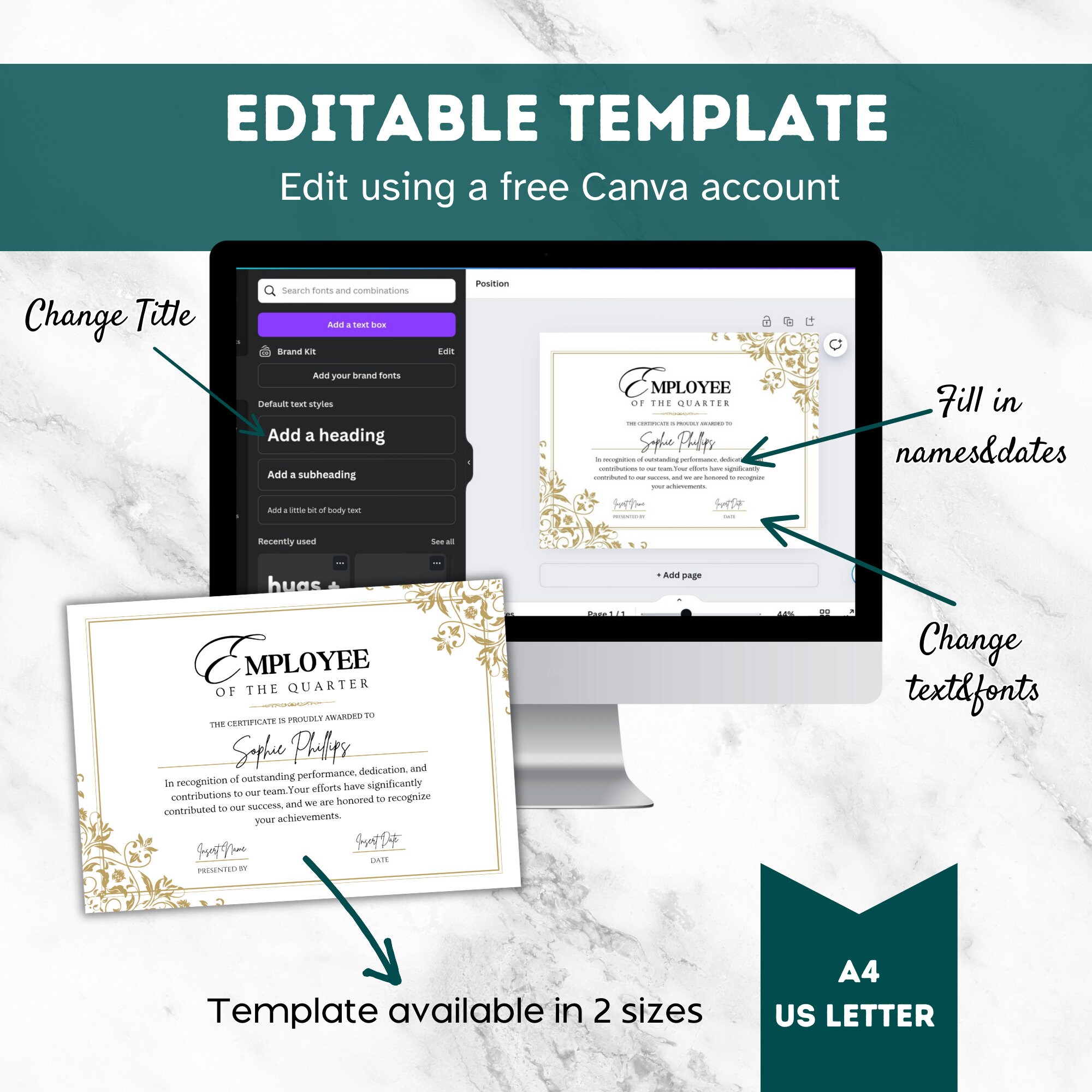 Editable Employee of the Quarter Award Certificate (digital Download ...
