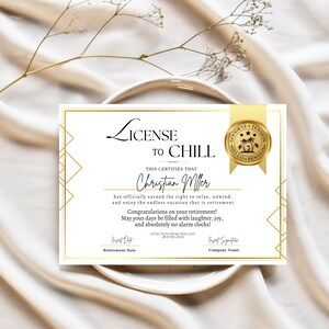 License to Chill Funny Retirement Certificate Editable Award Teacher ...