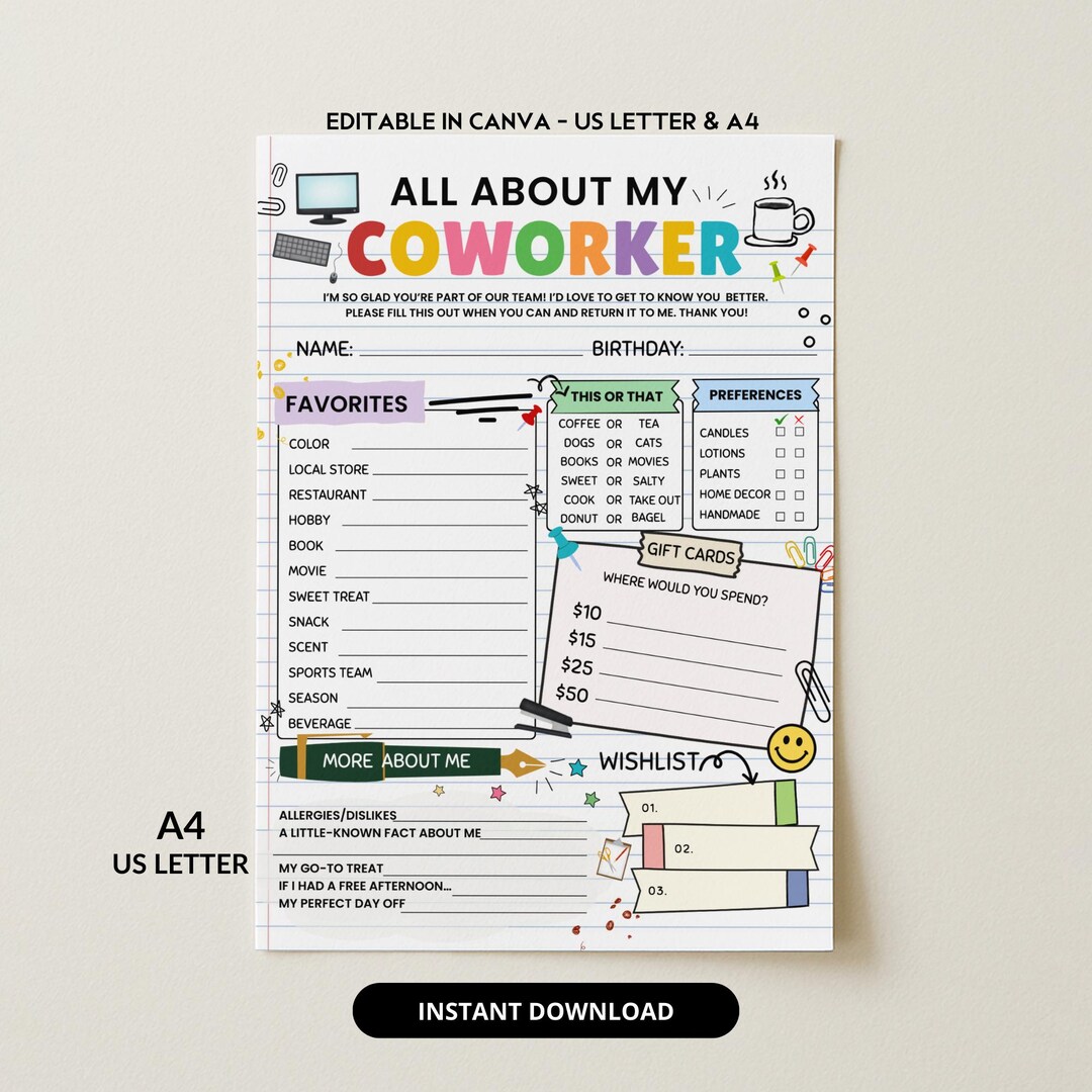 Editable All About My Coworker Printable Questionnaire Employee ...