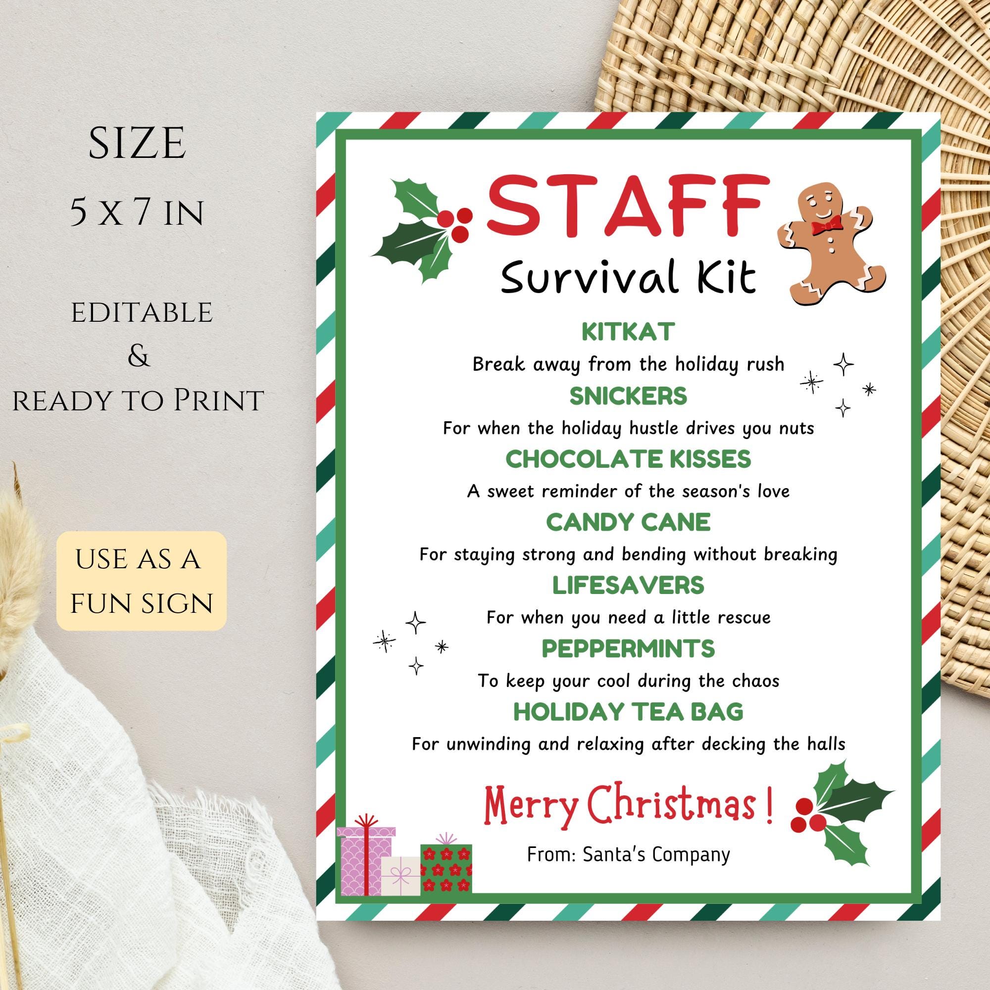Staff Survival Kit Tag for Christmas Editable in Canva Staff ...