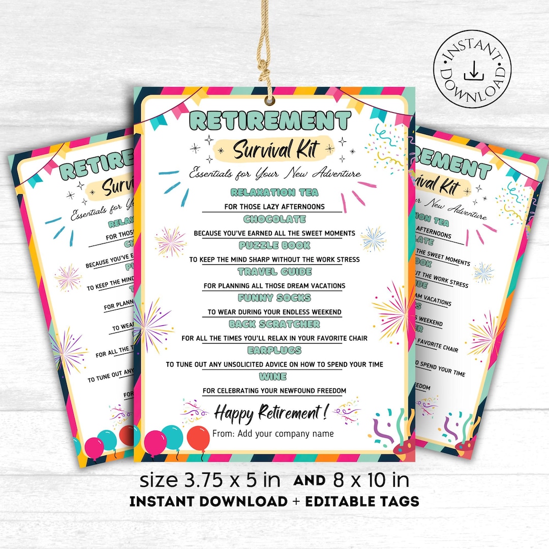 Retirement Survival Kit Printable Gift Tag: Editable Employee ...