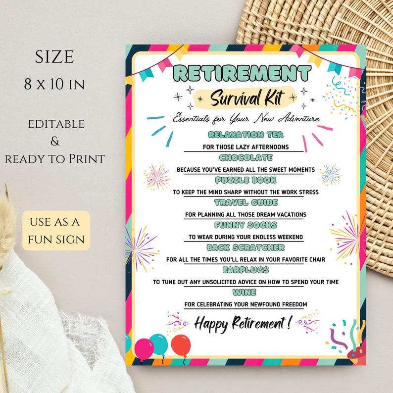 Retirement Survival Kit Gift Tag: Editable Printable (digital Download ...