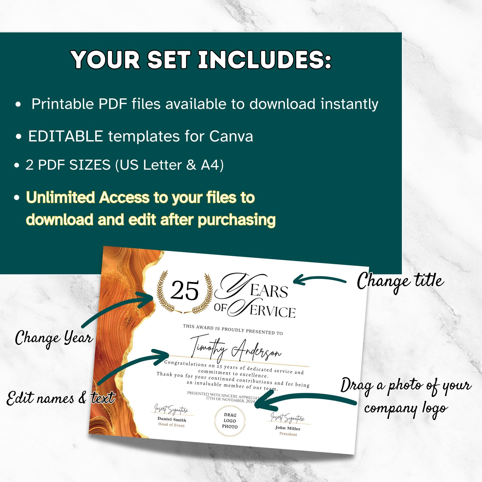 25 Years of Service Award Certificate for Employee Recognition Editable ...