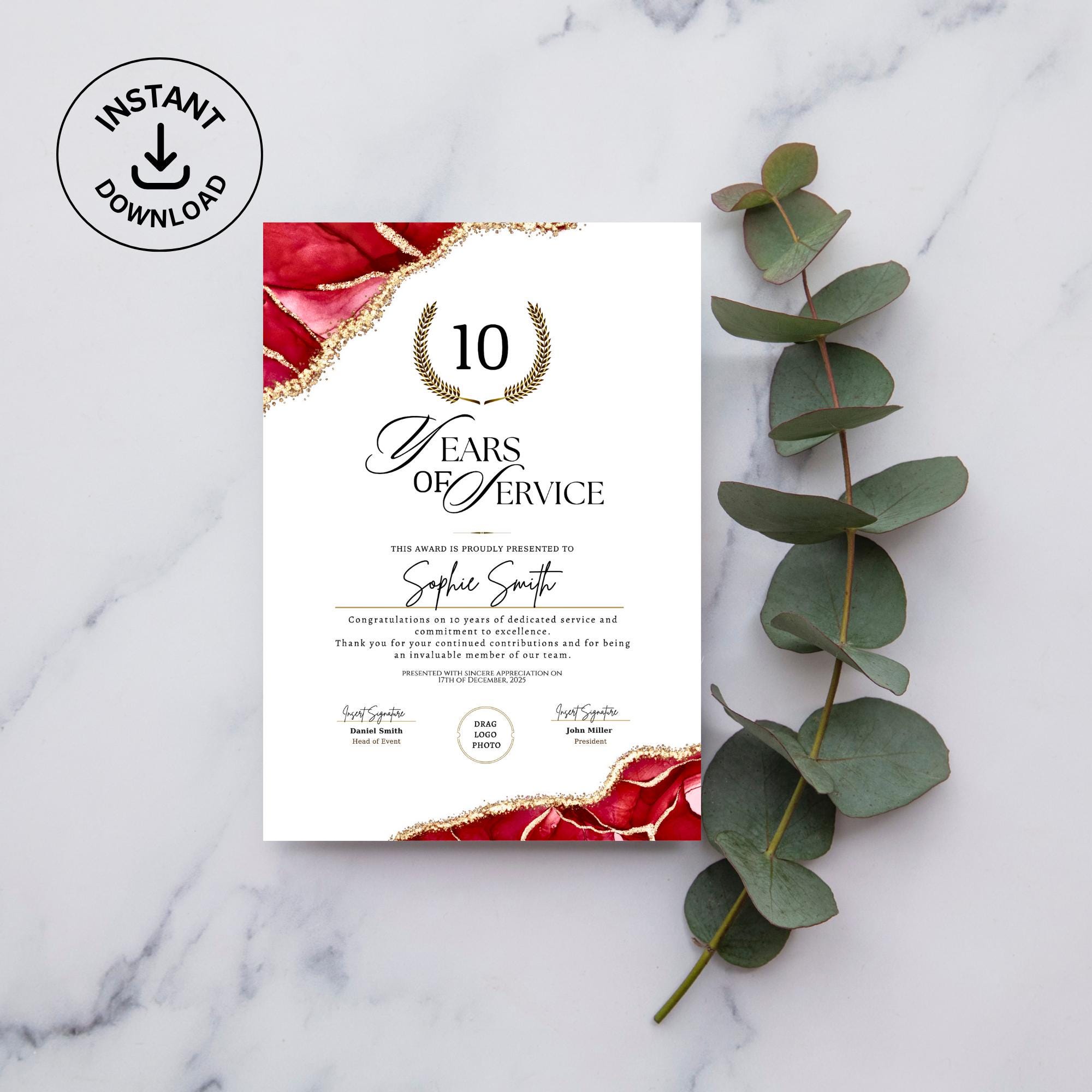 Years of Service Award Certificate Template Editable Printable Work ...