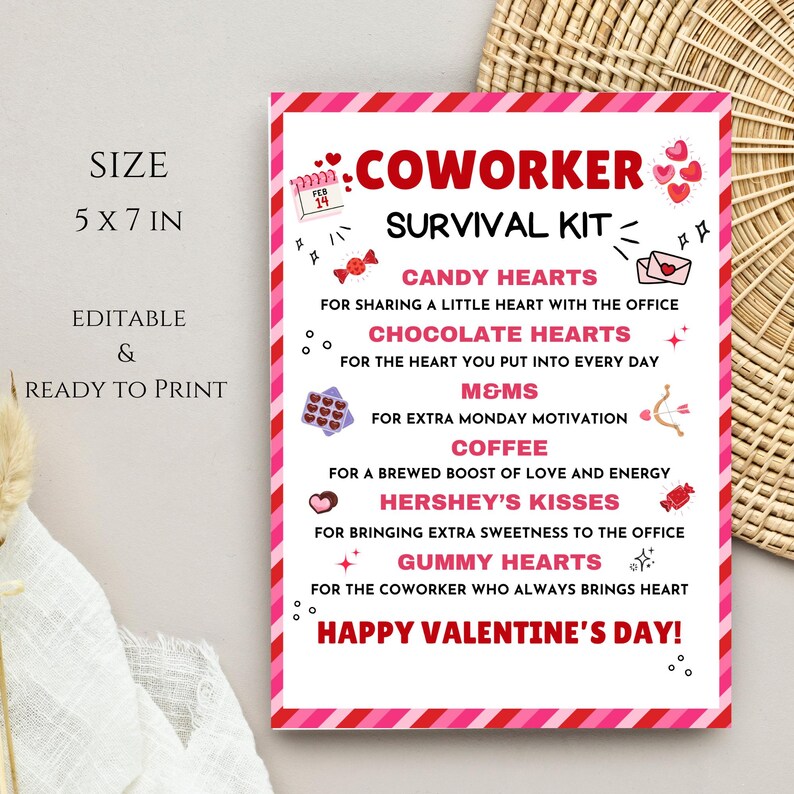 Valentine's Day Coworker Survival Kit Gift Tag Editable Coworker Funny ...