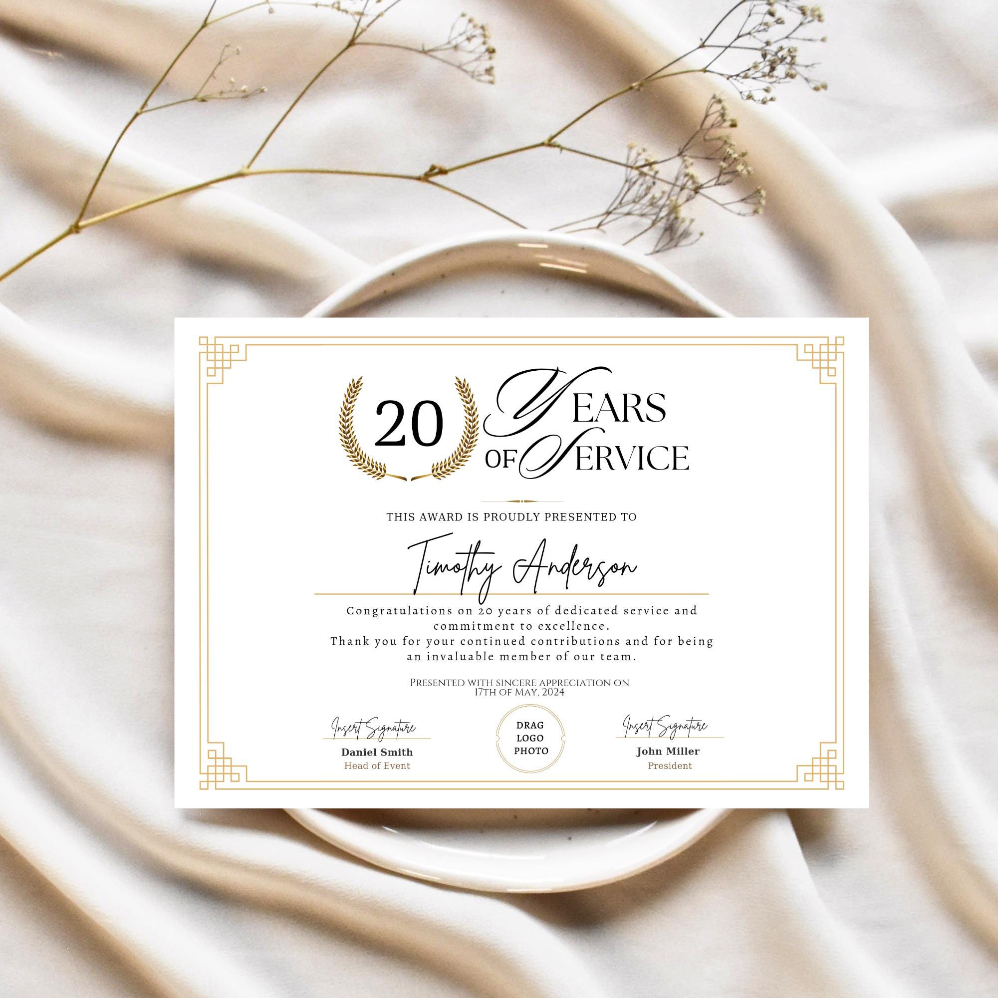 20 Years of Service Award Certificate of Achievement Personalized ...
