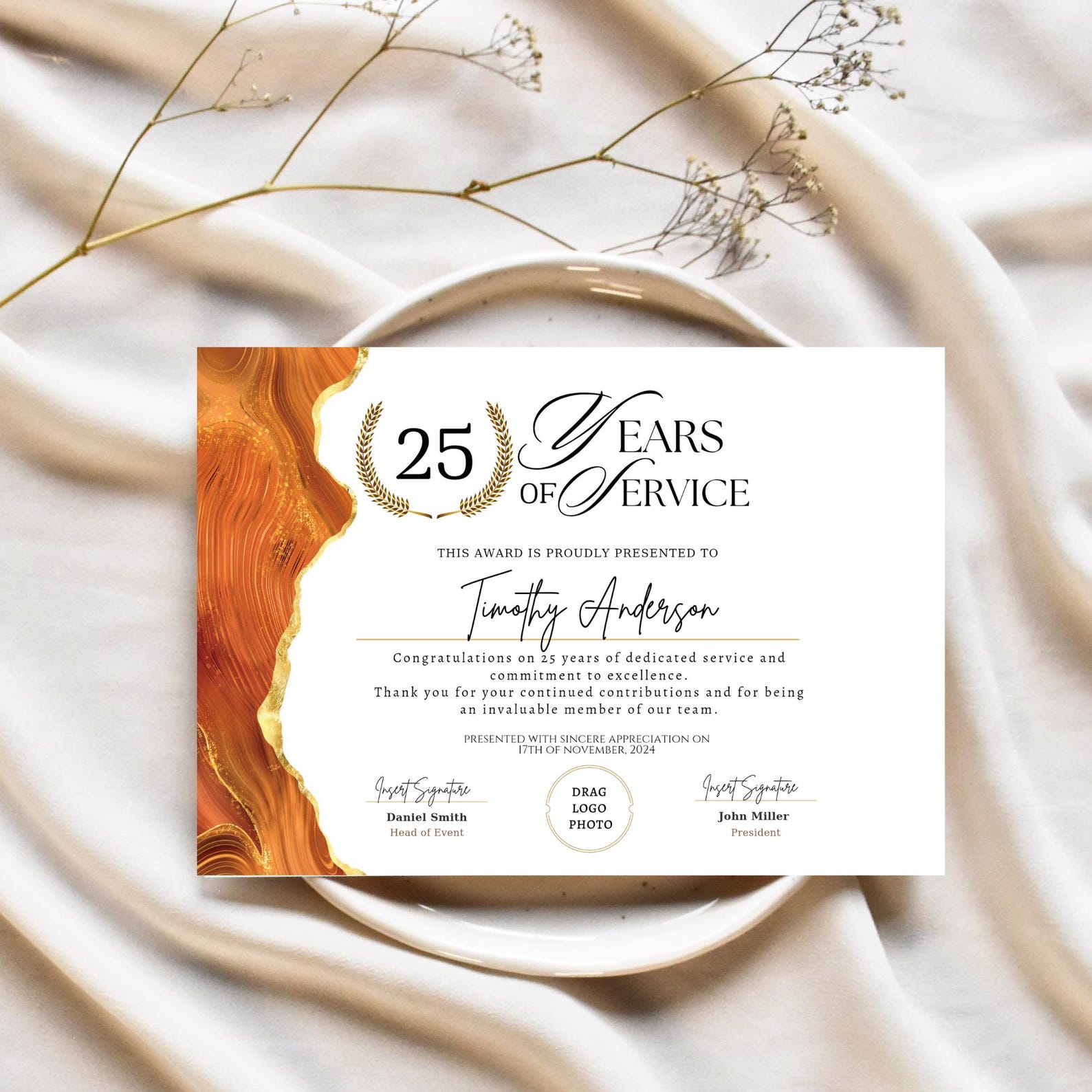 25 Years of Service Award Certificate for Employee Recognition Editable ...