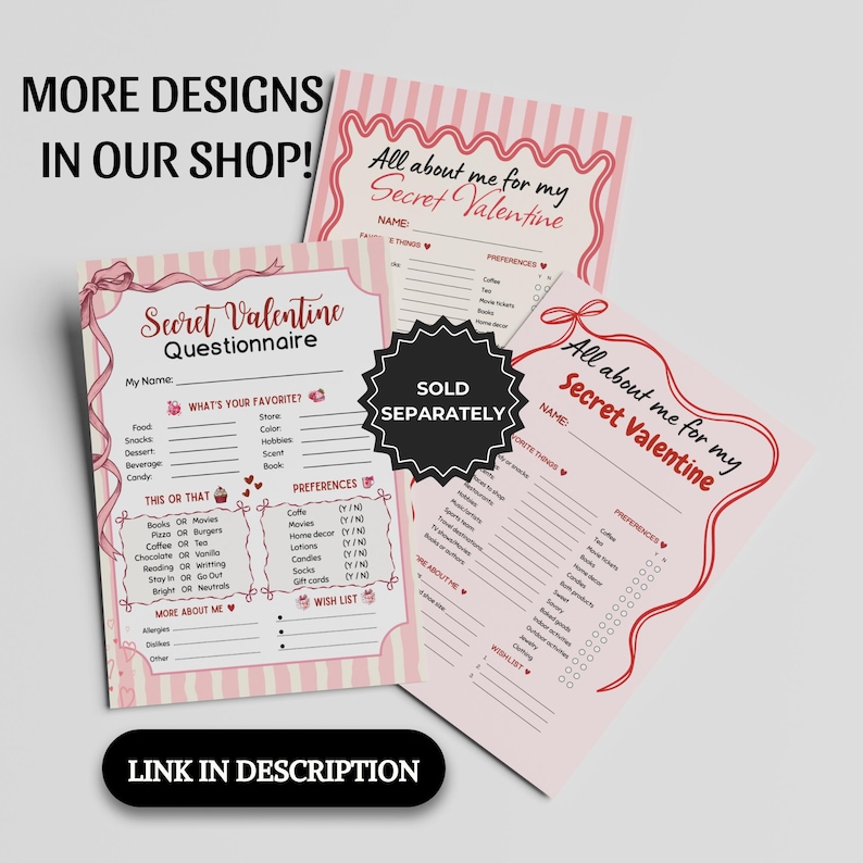 Printable All About Me Secret Valentine Favorite Things Form Valentines ...