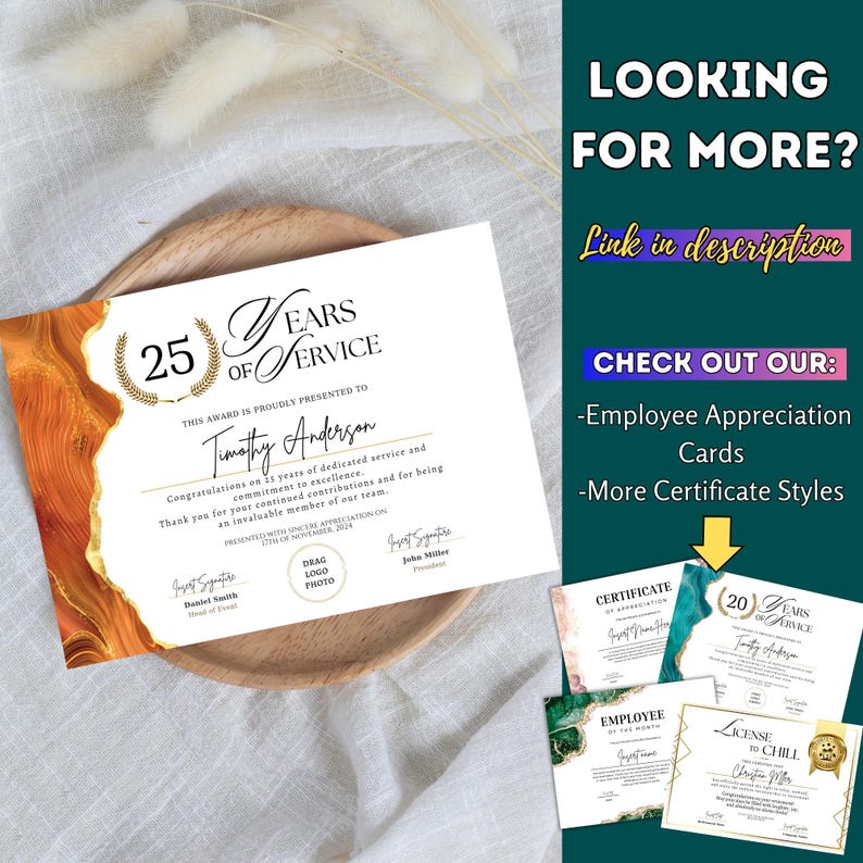 25 Years of Service Award Certificate for Employee Recognition Editable ...