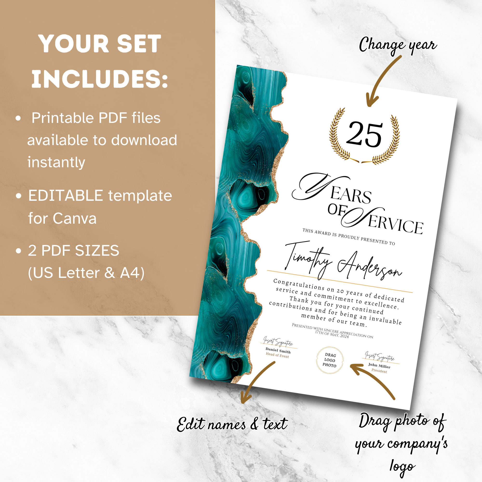 Editable Years of Service Award Certificate Template (digital Download ...