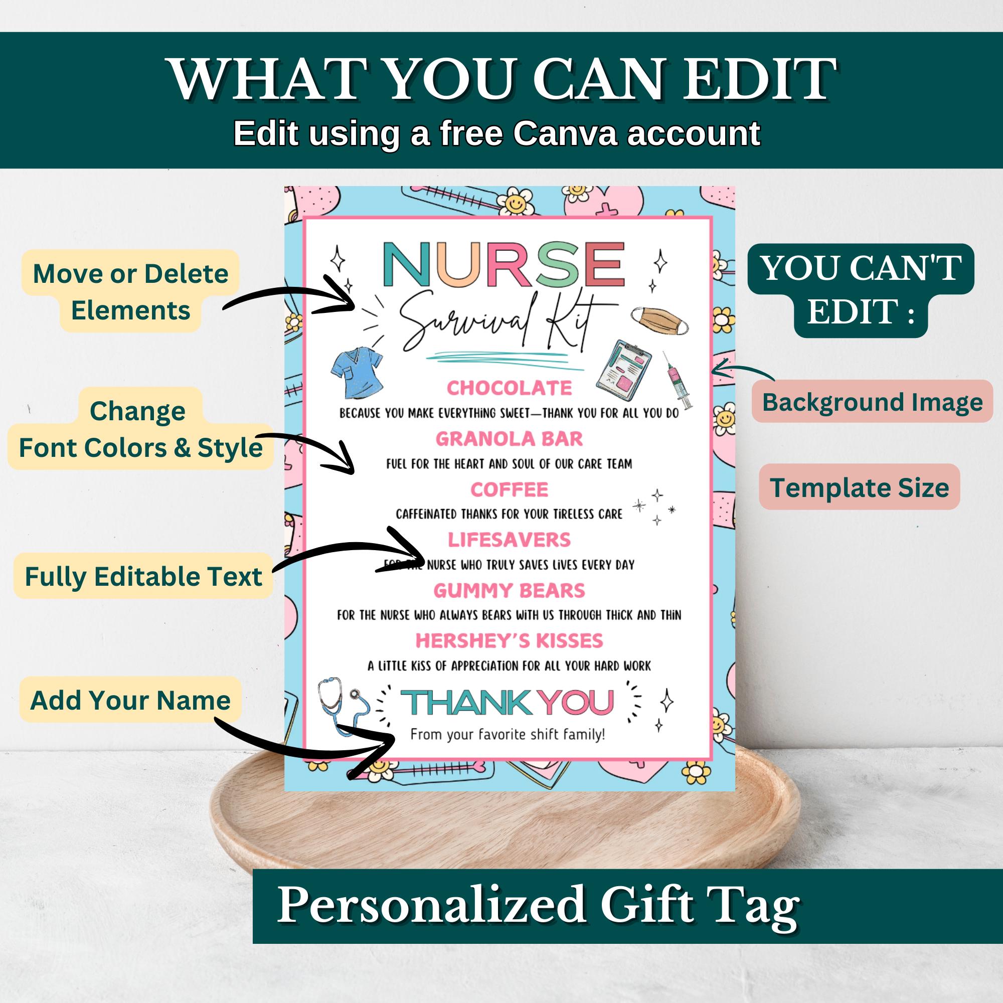 Editable Nurse Survival Kit Tag Happy Nurses Week Candy Gift Tag Nurse ...