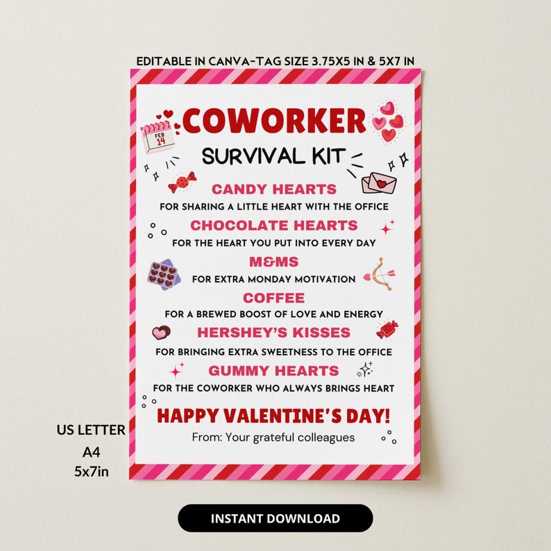 Valentine's Day Coworker Survival Kit Gift Tag Editable Coworker Funny ...