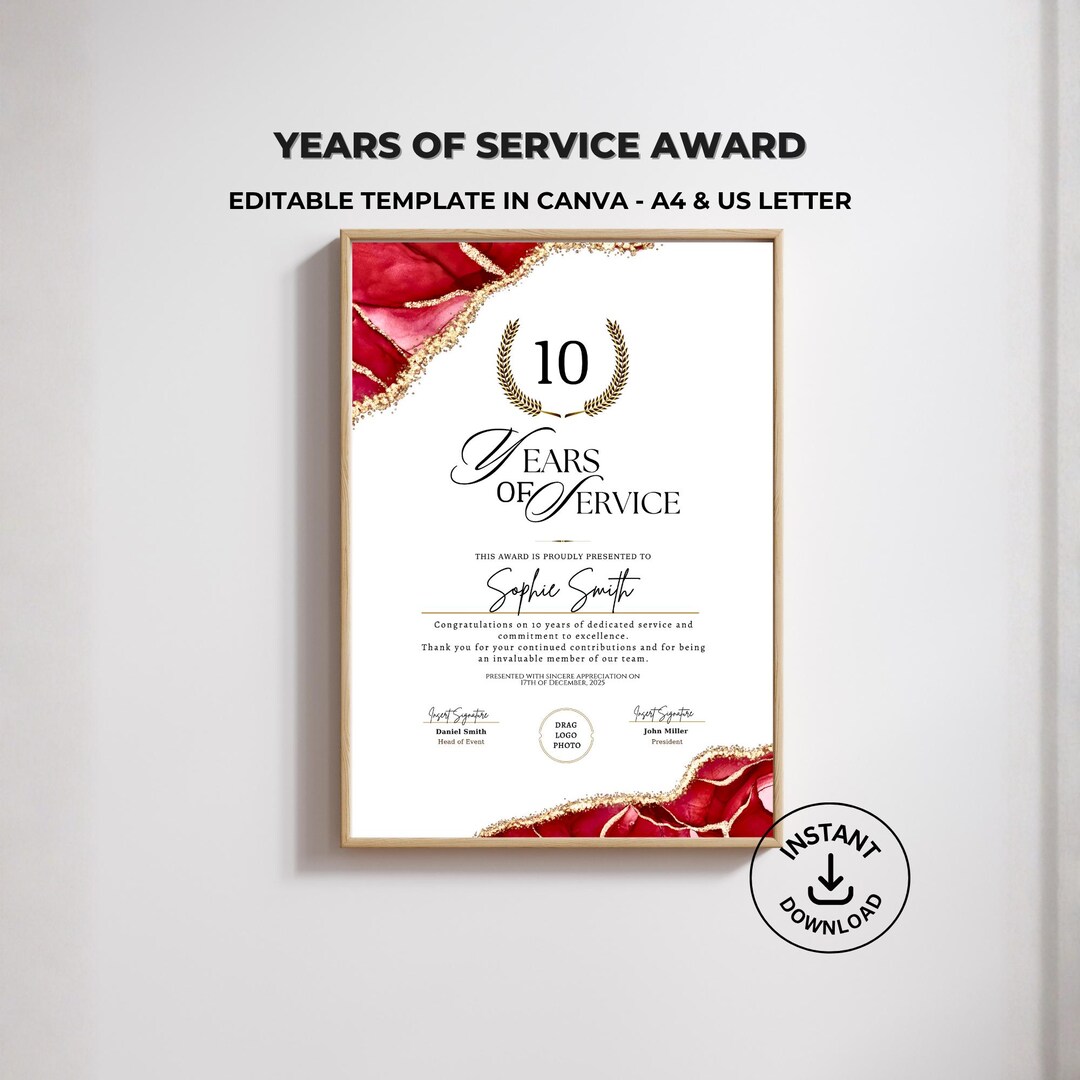 Years of Service Award Certificate Template Editable Printable Work ...