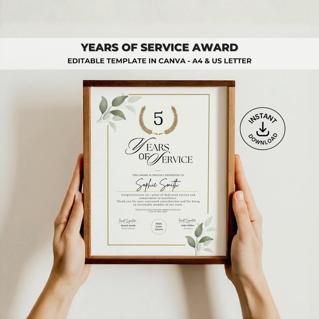 5 Years of Service Editable Award Certificate Retirement Gift for ...