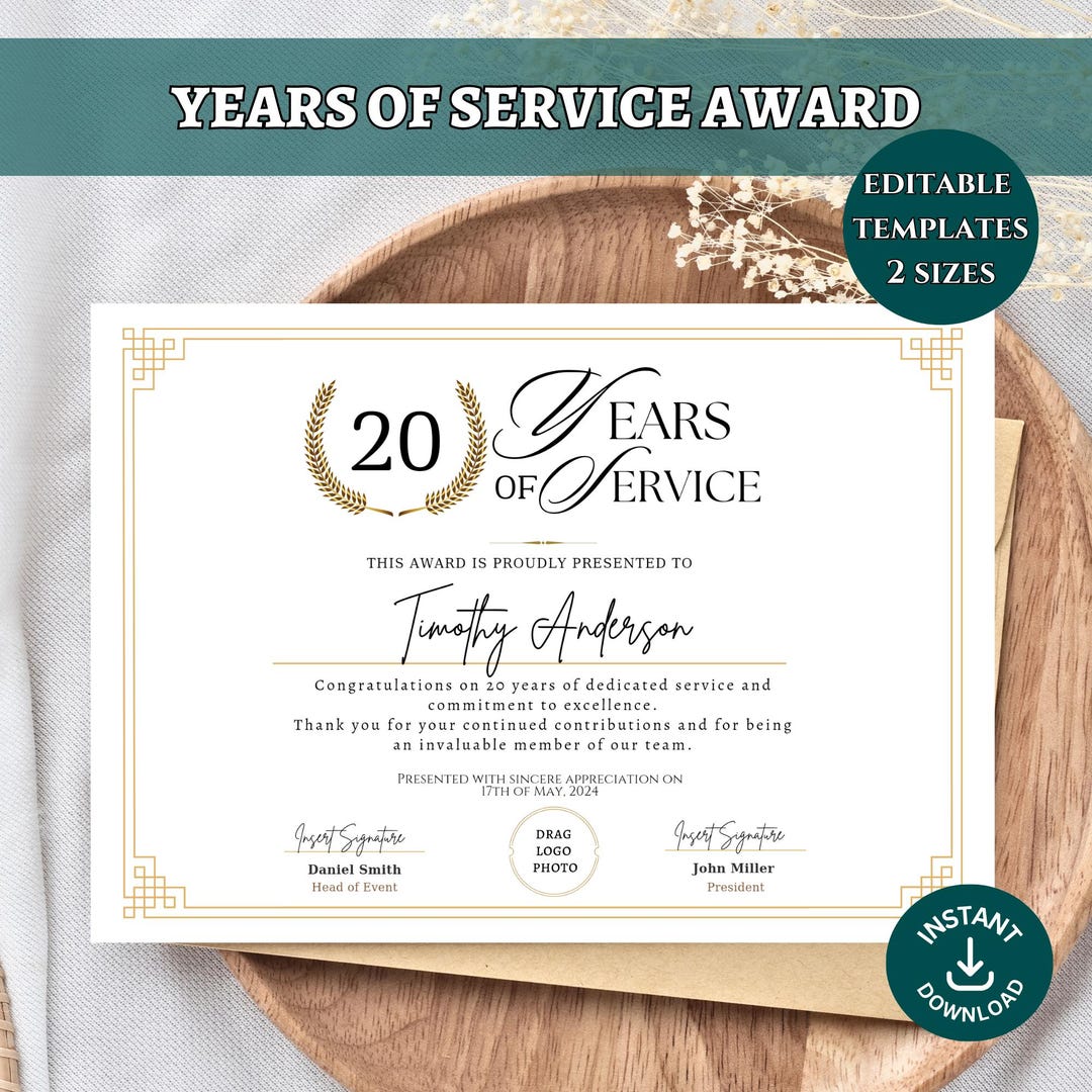 20 Years of Service Award Certificate of Achievement Personalized Retirement Gift Custom Award ...