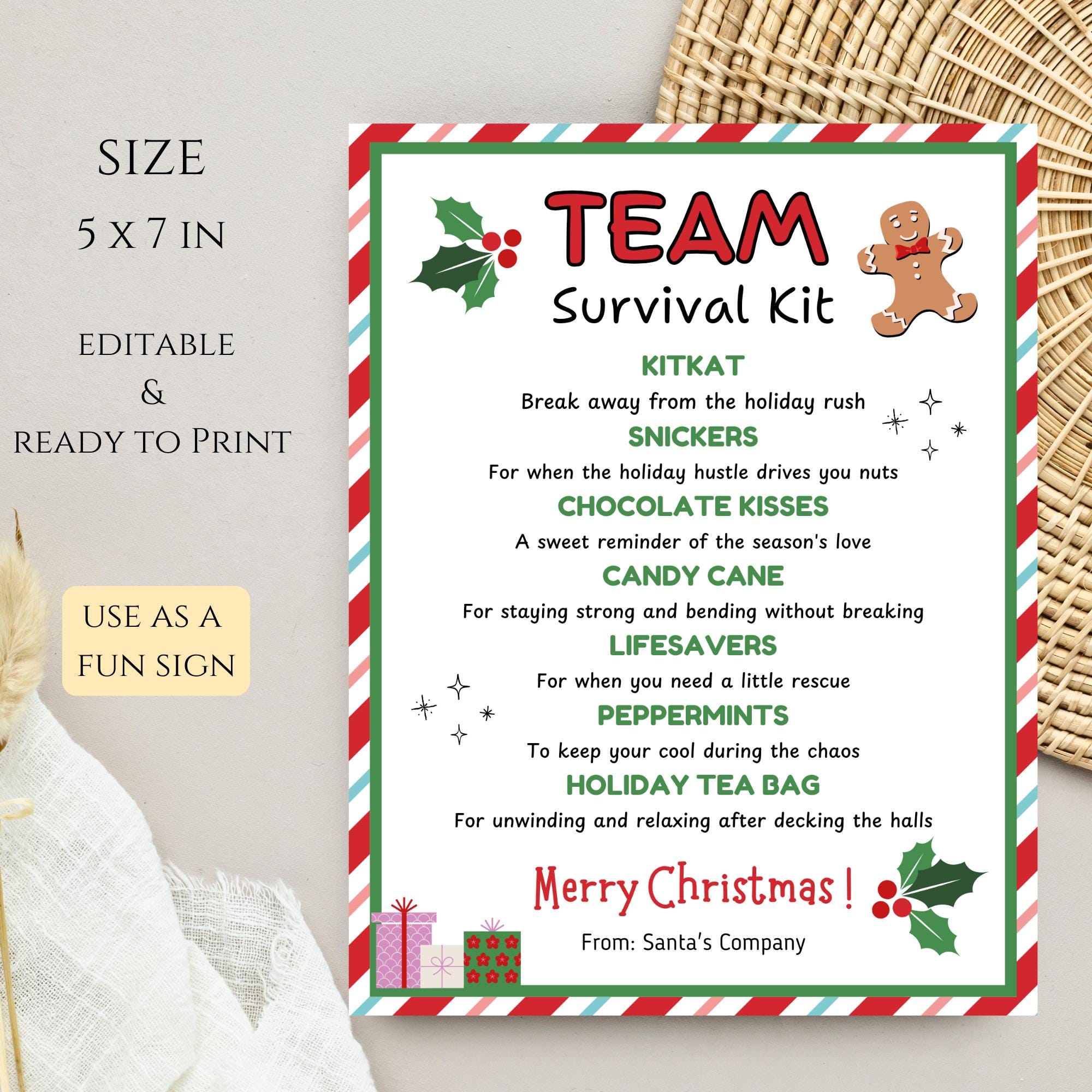 Editable Christmas Team Appreciation Survival Kit Work Employee ...