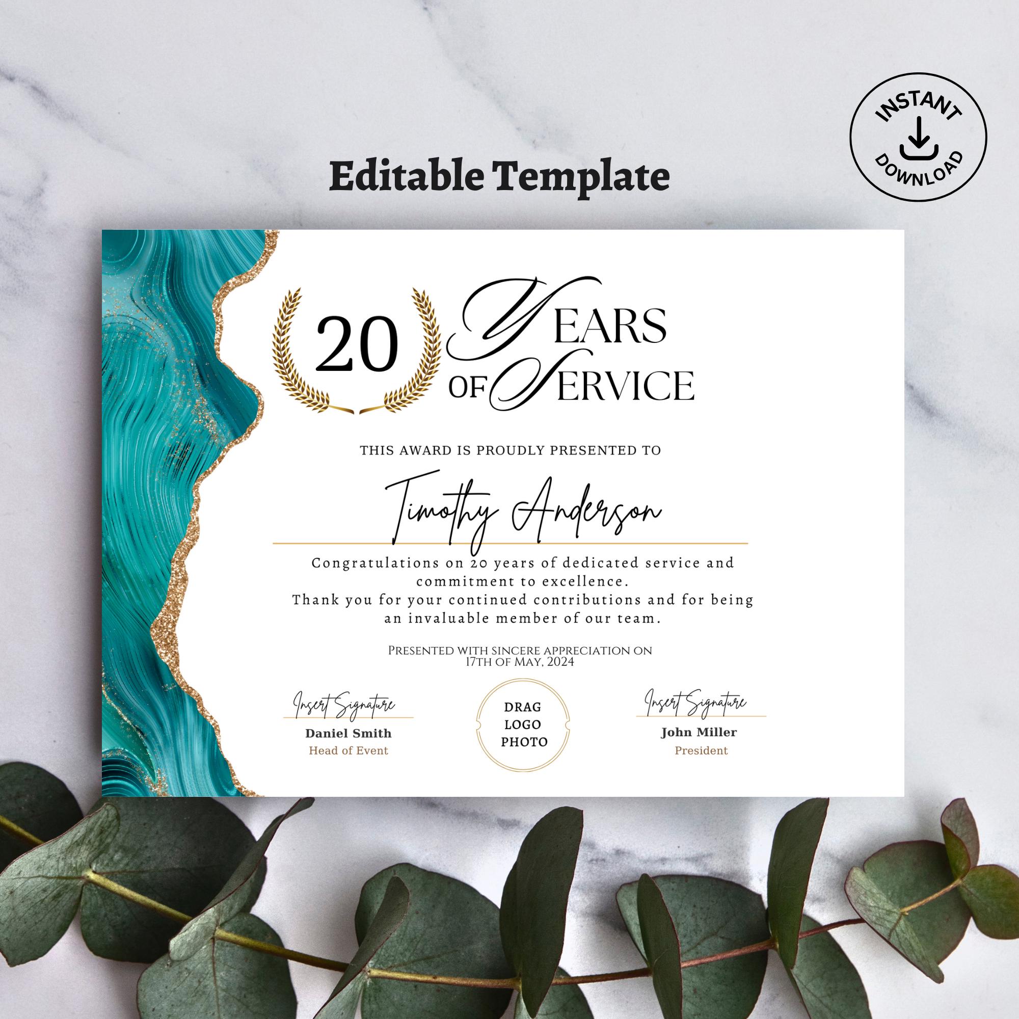 Years of Service Award Certificate Retirement Award Corporate Gift Work ...