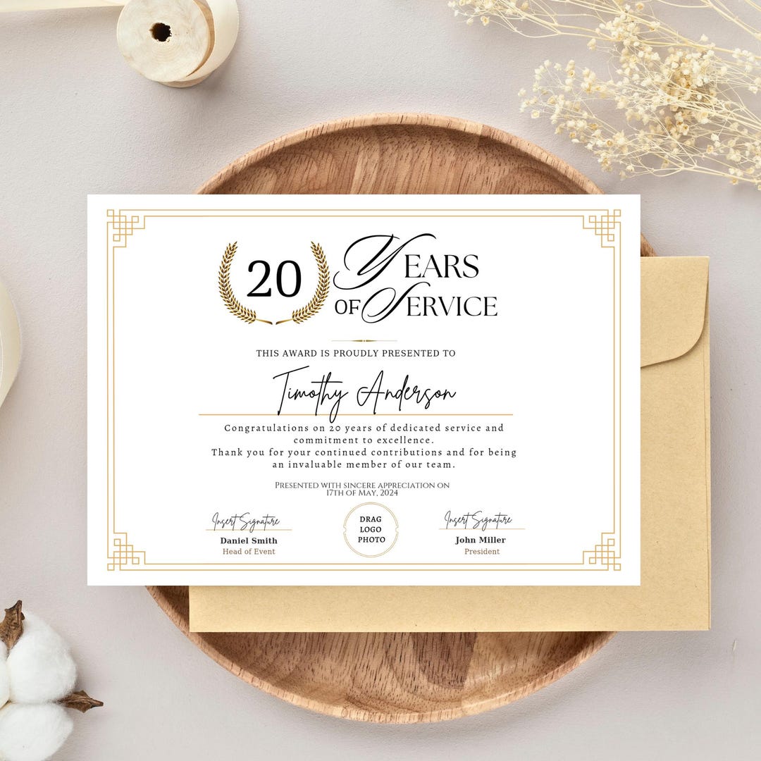 20 Years of Service Award Certificate of Achievement Personalized ...