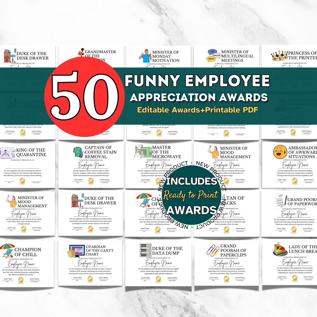Funny Employee Appreciation Awards: Editable Certificates (digital ...