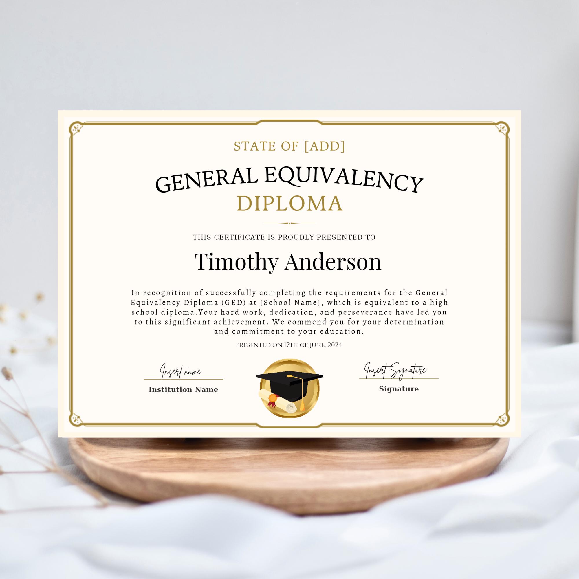 GED Diploma Certificate Template: High School Equivalency (digital ...