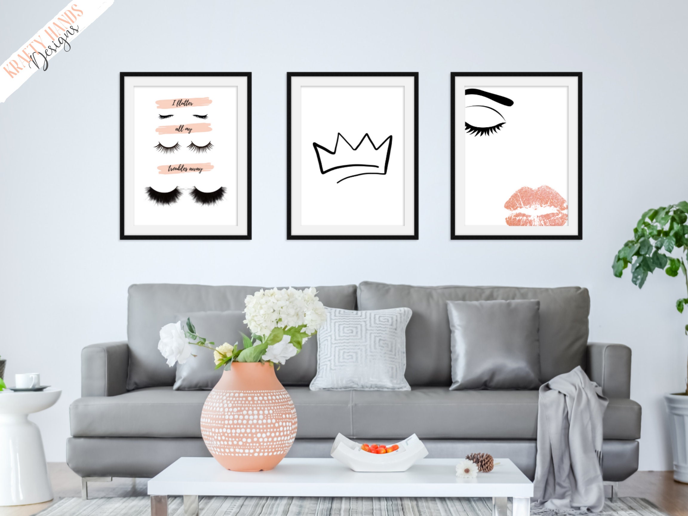 Beauty, Set of 3, Lashes, Lips, Crown, Home, Print, Home Decor, Wall ...