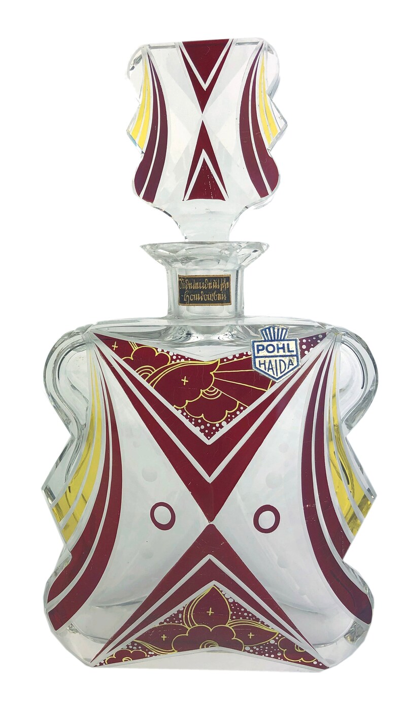 VERY RARE Josef Marian Pohl Haida Liquor Set Labelled Decanter Bohemian ...