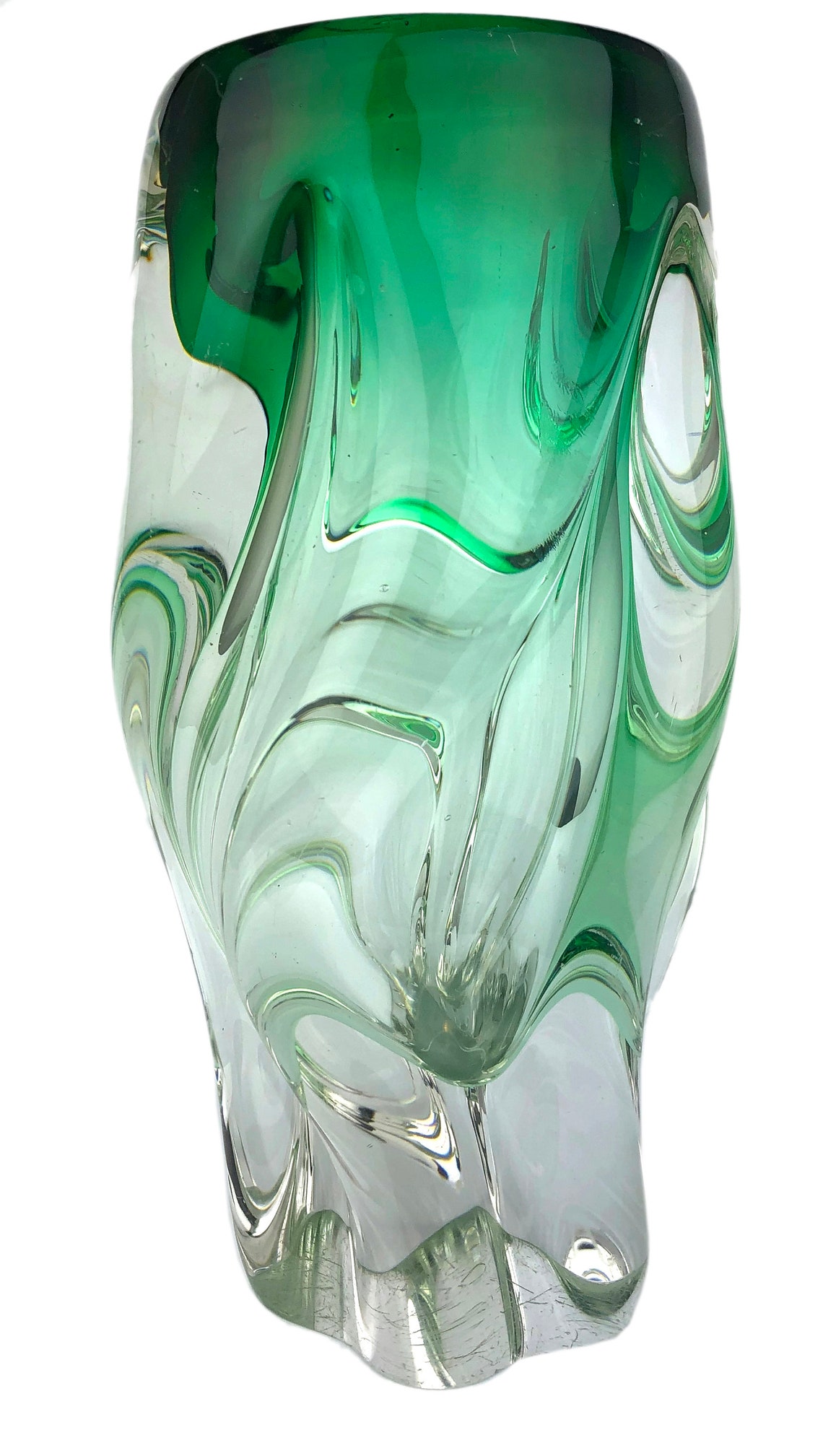 Rare Emerald Green Clear Glass Twisted Vase Bohemian Czech - Etsy