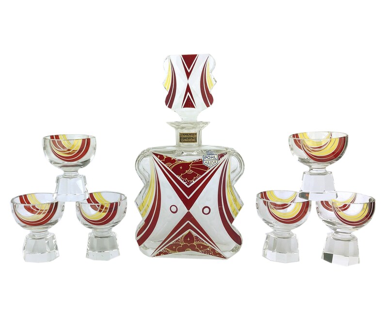 VERY RARE Josef Marian Pohl Haida Liquor Set Labelled Decanter Bohemian ...
