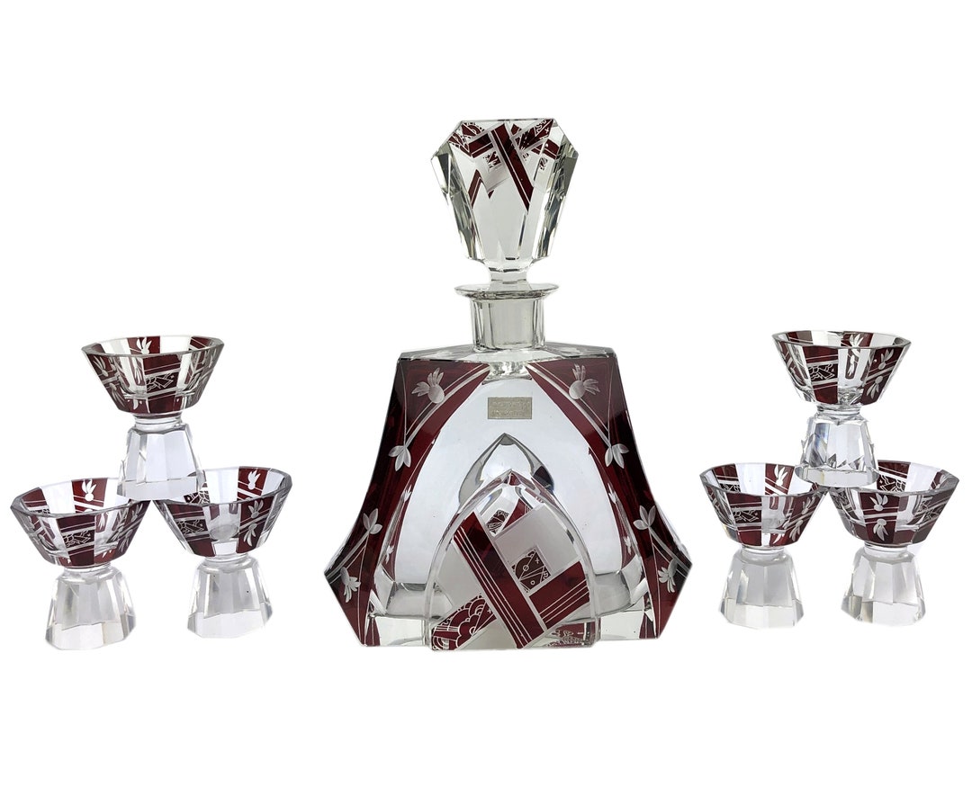 RARE Karl Palda Liquor Set Decanter Bohemian Crystal Enamelled Engraved ...