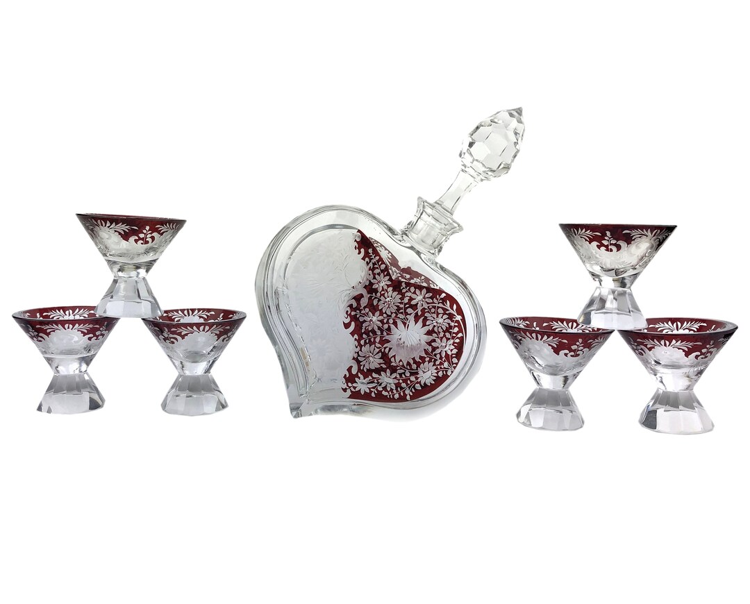 RARE Heart Decanter Liquor Set Art Deco 1930s Novy Bor Cut to Clear ...